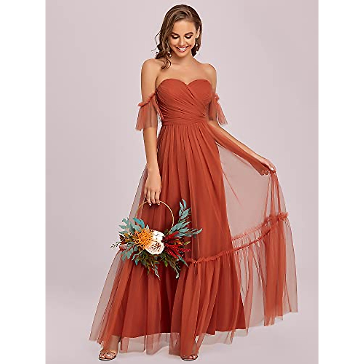 Ever-Pretty Women's Formal Dress Sweetheart Off-Shoulder Ruched Tulle Maxi Bridesmaid Dresses Burnt Orange US4