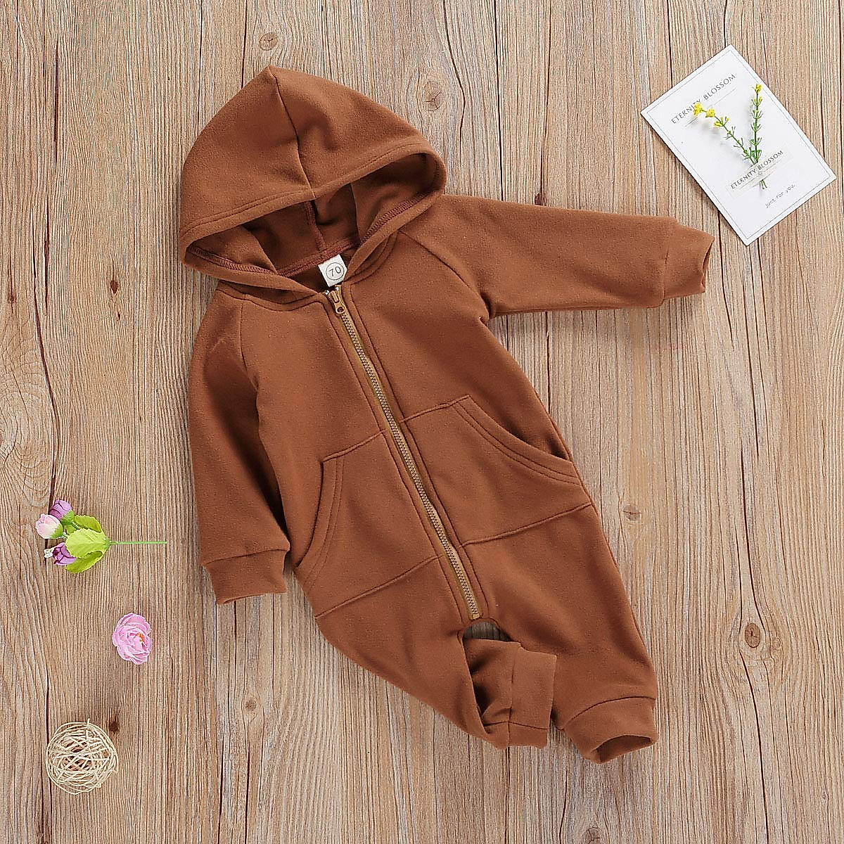Seyurigaoka Baby Boys Girls Jumpsuit Hoodie Romper Zipper Long Sleeve One Piece Outfits Warm Clothes for Unisex (Coffee, 0-3 Months)