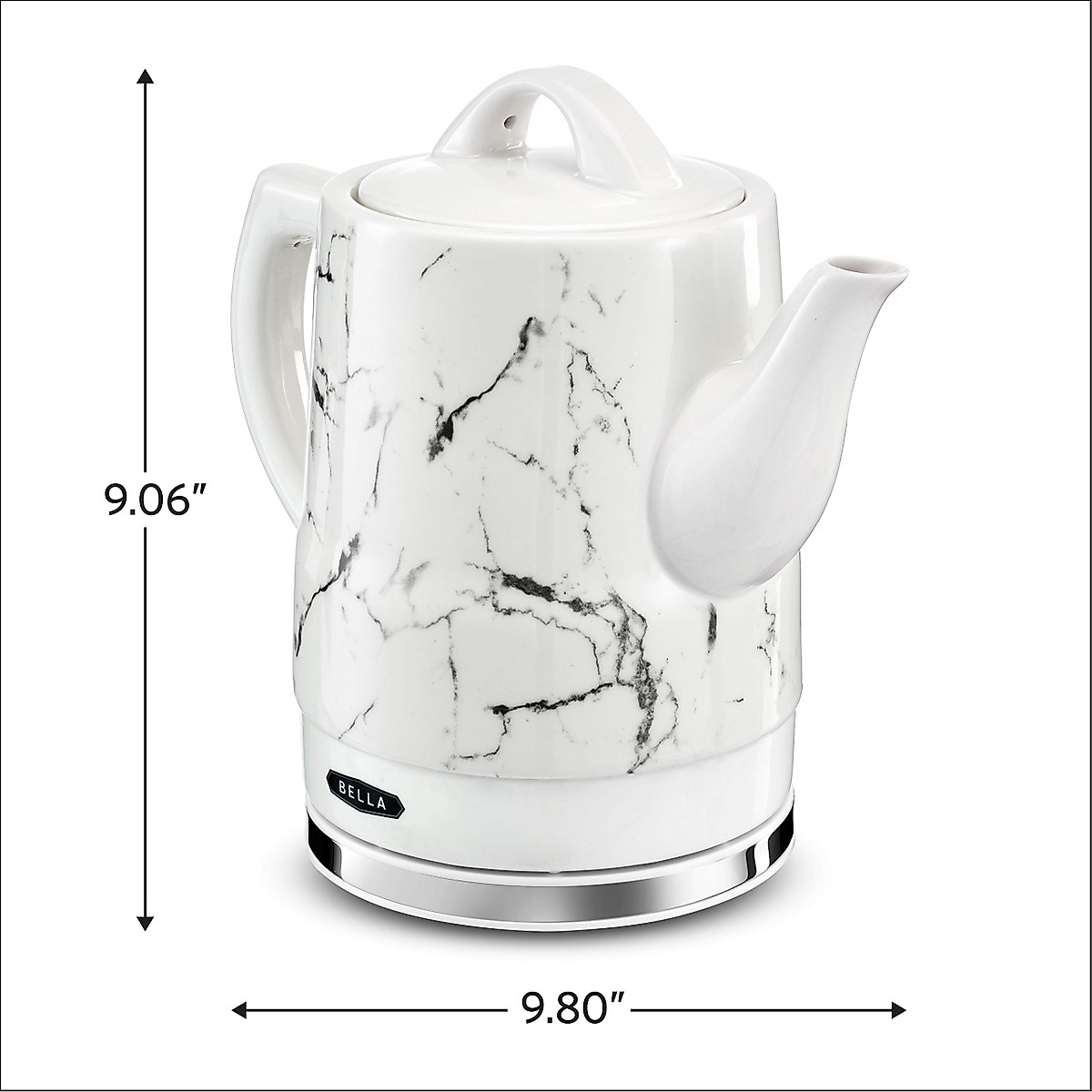 BELLA 1.5 Liter Electric Ceramic Tea Kettle with Boil Dry Protection & Detachable Swivel Base, White Marble, Model 14743