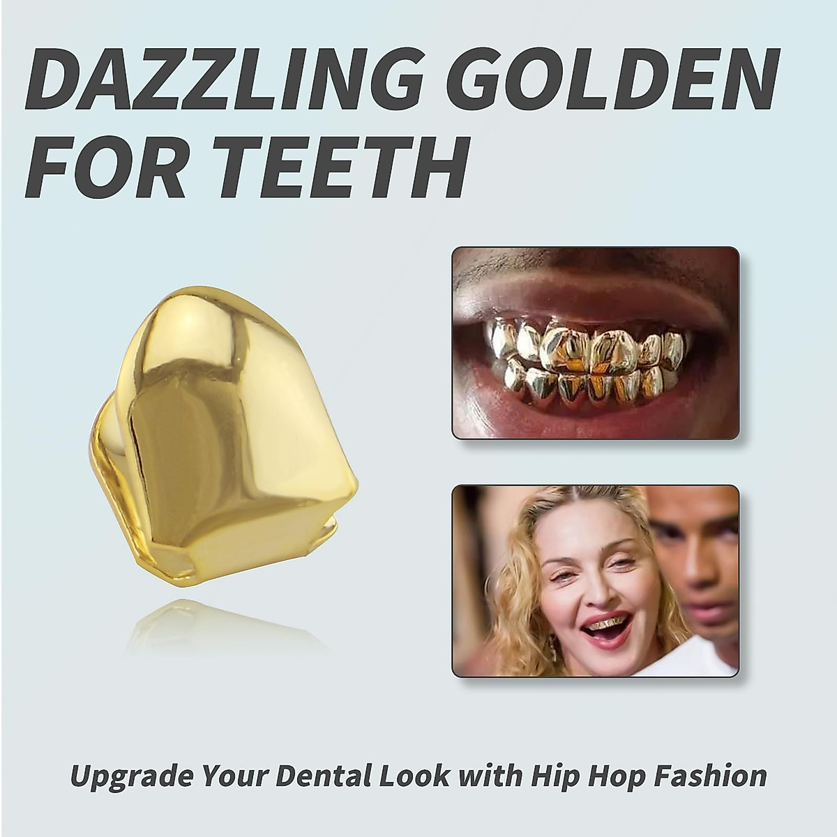 YAFIYGI 4 Pieces Gold Plated Gold Tooth Cap- Hip Hop Teeth Accessories - Plain Single Tooth Cap for Teeth Mouth - Realistic Fake Teeth Grills for Party - Open Face Front Tooth Caps