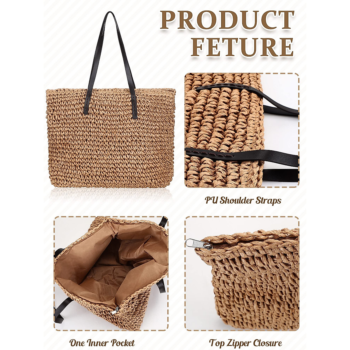 Coume Straw Large Beach Bag for Women's Woven Beach Bag and Beach Hats Set Beach Earring Handmade Shoulder Bag Handbag Bohemia Set(Khaki)