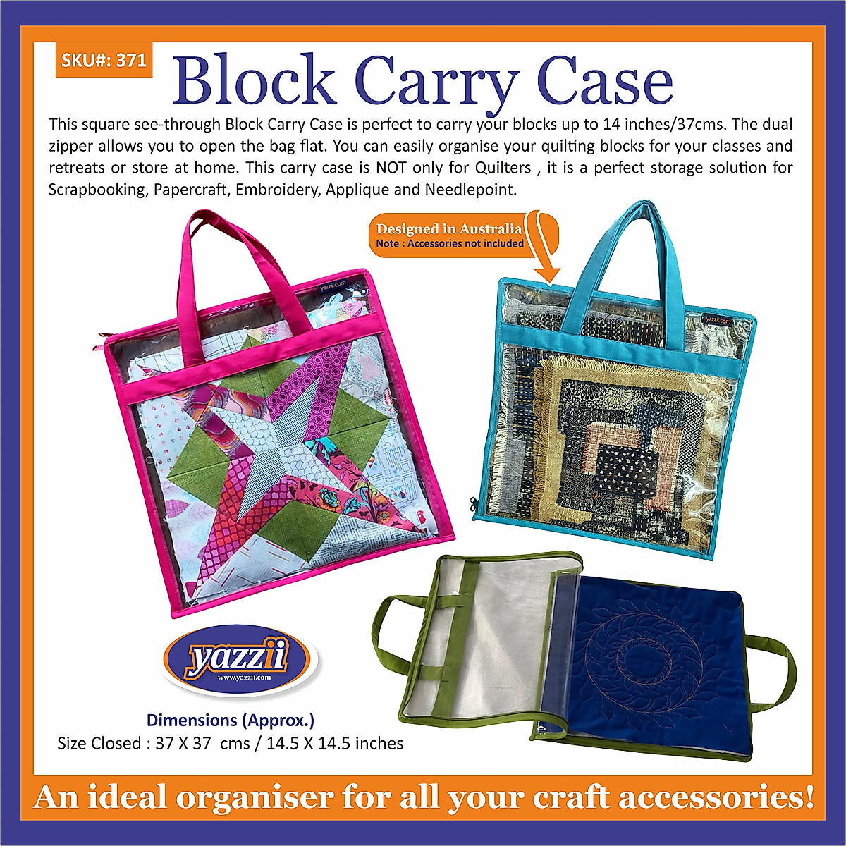 Yazzii Quilt Block Carry Case - Portable Storage Bag Organizer - Multipurpose Storage Organizer for Quilting, Patchwork, Embroidery, Needlework, Papercraft & Beading - Black