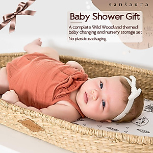 Sansaura Nursery Set - Seagrass Baby Changing Basket, Diaper Basket, with Thick Waterproof Pad & 100% Cotton Fitted Sheet, Toy Storage Bag, Woodland Designs, Shower Gift for Newborns, Boho nursery