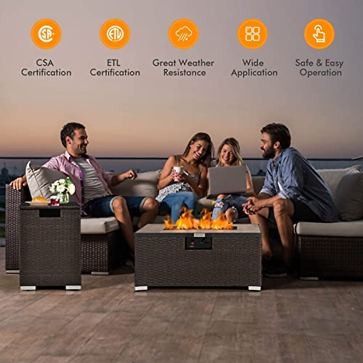 Propane Fire Pit Table-32 Inch x 20 Inch Propane Rattan Fire Pit Table Set with Side Table Tank and Cover