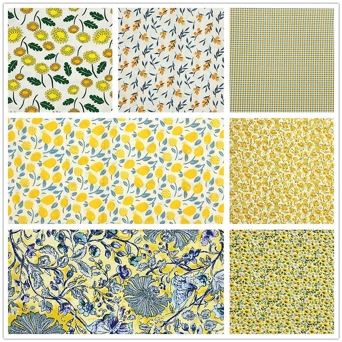 Sunflower Loquat Checked Quilting Fabric Fat Quarters,Yellow Cotton Fabric Bundles,7pcs 18 x 22 inches