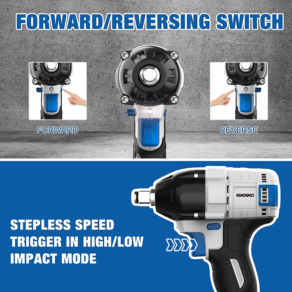 NINOUKO Cordless Impact Wrench 1/2 inch, 20V Electric Impact Gun 400N.m Brushless Impact Wrench Driver Kit 3000 RPM Variable Speed, High Torque, with 4.0Ah Battery & Fast Charger, Impact Sockets