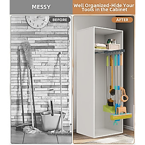 PrimZooty Pull Out Broom Holder, Multifunctional Slide Broom And Mop Storage/Organizer With Adjustable Double Row Sliding Hook, Garage Organization Hooks, for Closet Laundry Garage Kitchen - Dark grey