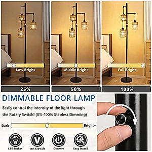 Stepeak Rattan Floor Lamp, 3-Lights Boho Floor Lamp with Stepless Dimmer, 65" Farmhouse Rustic Floor Lamps for Living Room, Tall Tree Floor Lamp with Rattan Shades, Dimmable Standing Lamp for Bedroom