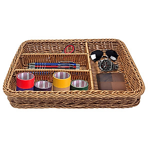 KOVOT Poly-Wicker Divided Basket Tray For Storage, Food or Cutlery, Drawer Insert Compartment Organizer Woven Polypropylene - 14"L x 10"D x 2"H