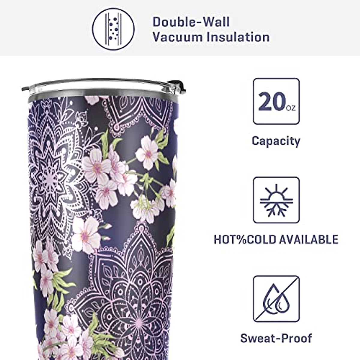 ALAZA Insulated Tumbler Purple Mandala Cherry Flower Stainless Steel Vacuum Coffee Water Tumbler Bottle with Lid and Straw Double Walled Travel Mug 20oz for Hot & Cold Drinks