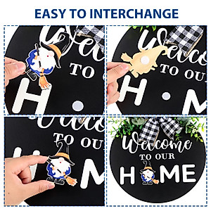 Gnome Wooden Seasonal Welcome Door Sign Interchangeable Welcome to Our Home Round Wood Hanging Front Door Sign with Burlap Bow with 12 Seasonal Ornament for Independence Day Holiday Porch (Black)