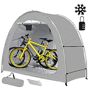 HHUK Bicycle Tent Cover,Bike Storage Shed,Portable Outdoor Waterproof Tents Bicycle Shelter with A Snowflake Tool and Combination Lock,for Store 2 Bikes or Tricycle or Gardening Tools (Silver Gray)