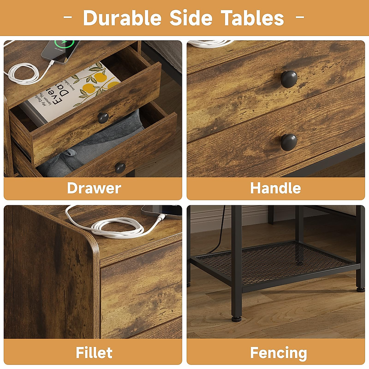 HOSEOKA Nightstand with Charge Station and USB Ports, Modern Bedside Table with 2 Drawers & Storage Shelves, Wooden Accent Night Stand with Metal Frame, Vintage End Table for Bedroom, Brown