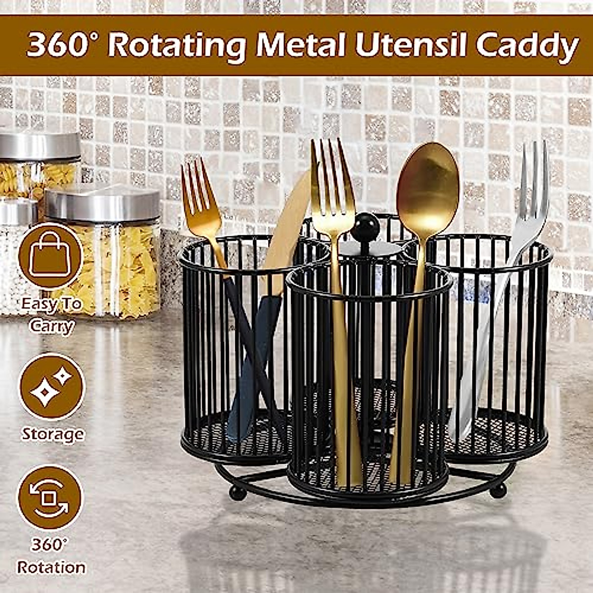 360° Rotating Metal Utensil Caddy, Utensil Organizer Holder 4 Compartment Flatware Storage Basket Portable Multipurpose Countertop Silverware Organizer for Kitchen Picnic Camping Outdoor (Black)