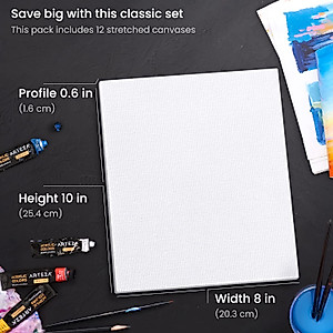 ARTEZA Stretched Canvas, 8 x 10 Inches, Pack of 12, Blank White Canvas for Painting for Acrylic, Oil and Gouache Paints