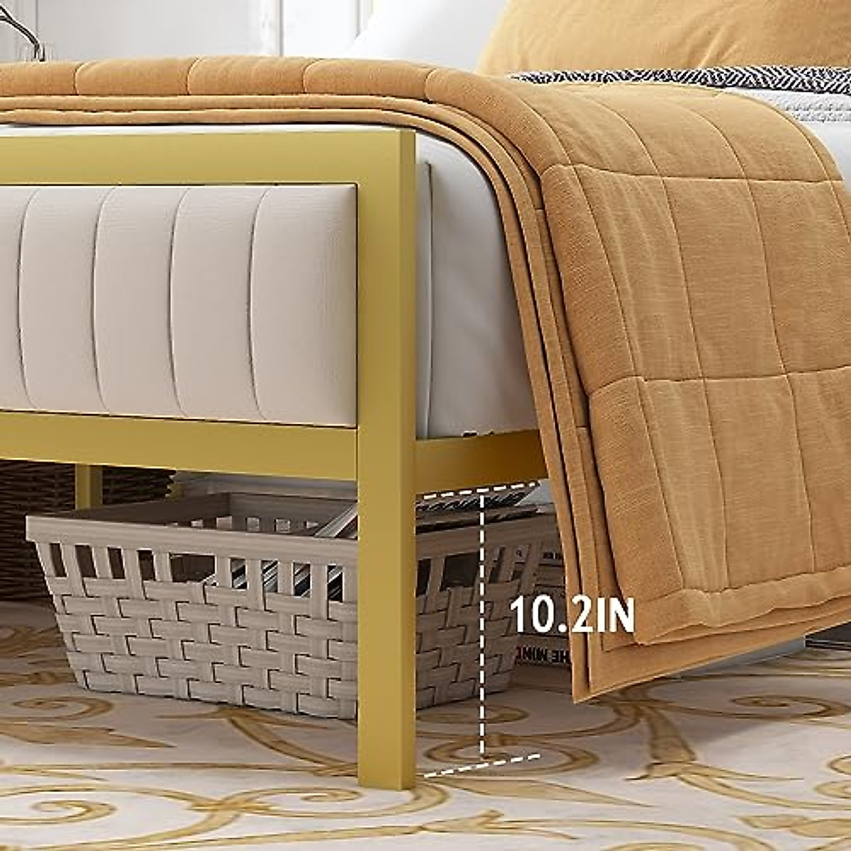 CIKUNASI Gold Queen Bed Frame, Upholstered Bed Frame with Velvet Headboard Footboard Heavy Duty Bed Frame with LED Lights/No Box Spring Needed/Easy Assembly