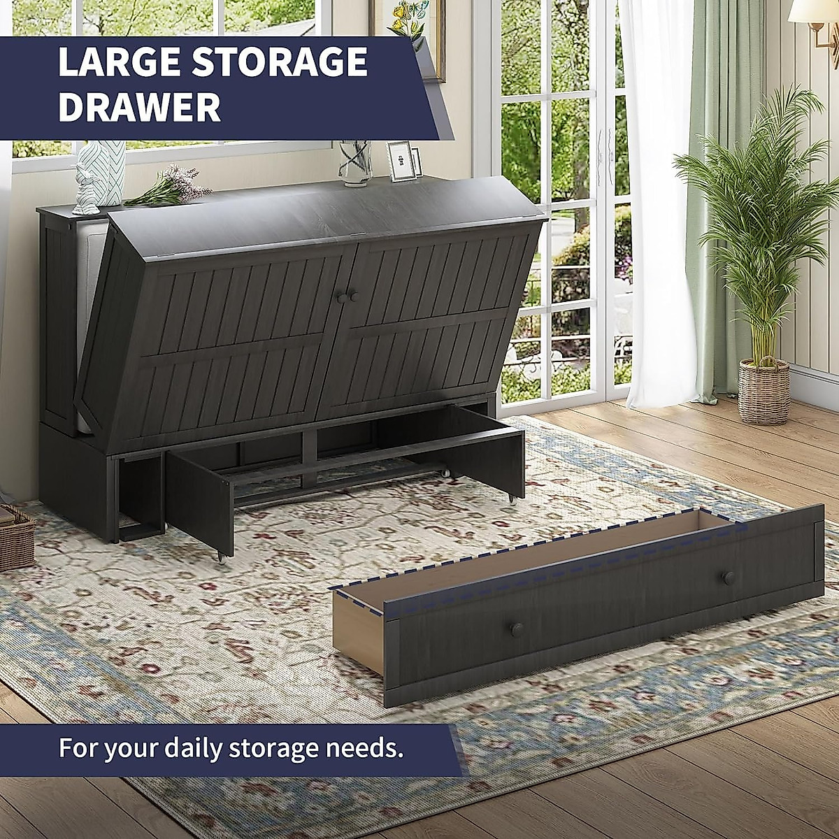 ijuicy Murphy Bed Queen,Cube Chest Cabinet Bed with Charging Station & 3 Level Foldable Memory Foam Mattress & Large Drawer for Guests/Bed Room-Grey