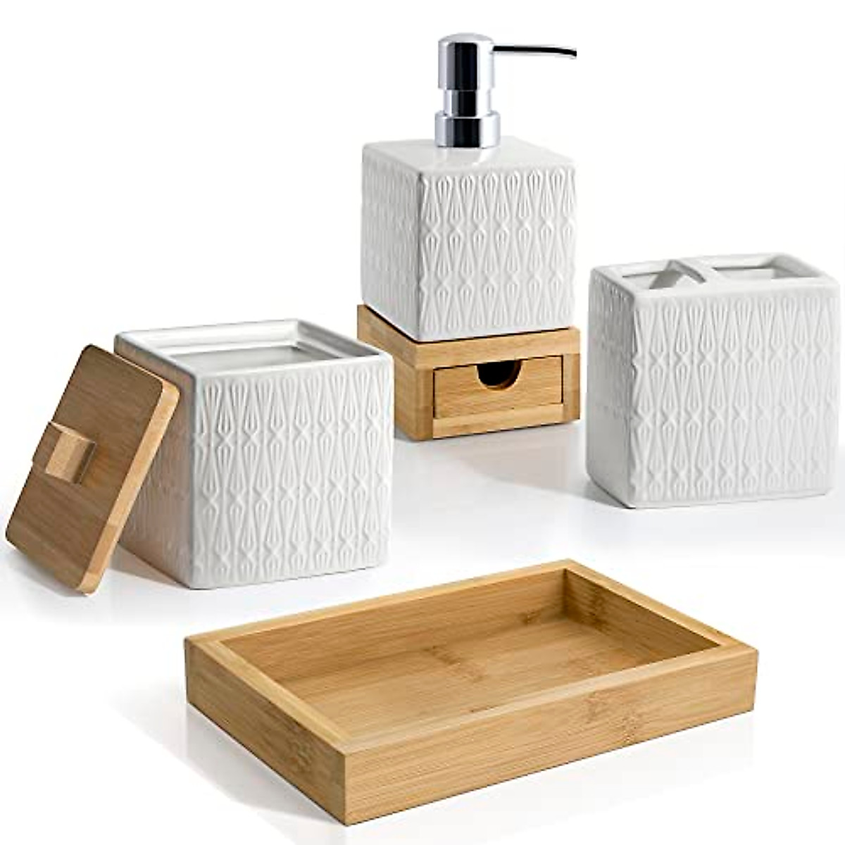 Allure Home Creation Kismet 4-Piece White Ceramic with Bamboo Bathroom Countertop Accessory Set, White and Natural