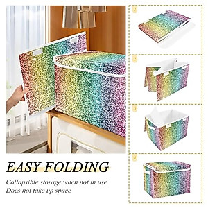 Krafig Rainbow Glitter Decorative Storage Box with Lid Large Bins Baskets Foldable Cube Organizer Collapsible Containers for Organizing, Toy, Home, Shelf, Closet