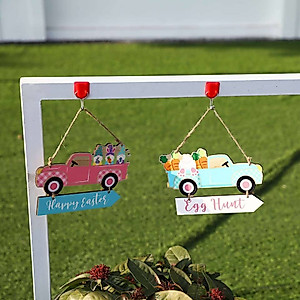 Kylo's Korner 2 Pack Happy Easter Hanging Wooden Signs Egg Hunt Decorations Ornament Wall Plaque Party Door Hanger Bunny Truck Pink and Blue, 18CM Length 12CM Height