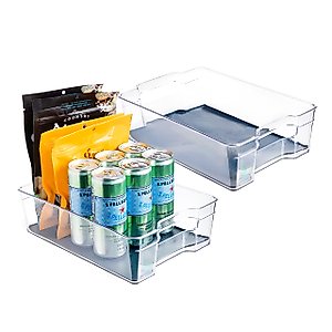 Clear Refrigerator Organizer Bins - 2 Pack Large Sized (8.25" x 12.5") Clear Bins for Fridge with Liners, Containers for Fridge and Freezer, Multipurpose Storage for Kitchen, Office, Bathroom (Blue)