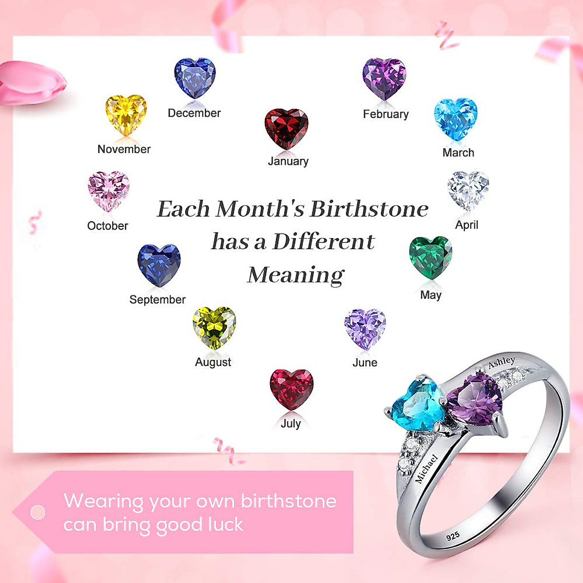 OPALSTOCK Personalized 2 Heart Birthstone Rings for Women Custom 2 Names Mother Rings for Mom Mother's Day Gifts Promise Rings for Her Engagement Rings for Women (6)