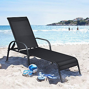 Giantex 2 Pcs Lounge Chairs Patio Furniture, Backyard Lawn Sling Chaise w/Adjustable Back, Folding Recliners for Outdoor, Black