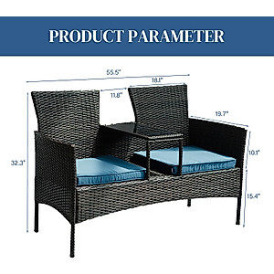 TINKLE WELL Wicker Outdoor Loveseat Modern Rattan 2-Seat Patio Conversation Set with Cushions & Built-in Coffee Table Porch Furniture for Garden Lawn Backyard, Dark Brown