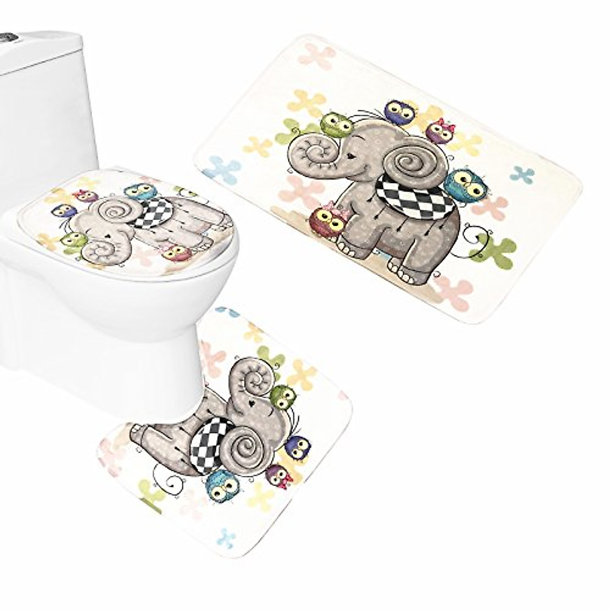 Amagical 16 Piece Bathroom Mat Set Shower Curtain Set Cute Cartoon Elephant and Owls On a Floral Background Bath Mat Contour Mat Toilet Cover Shower Curtain with 12 Hooks