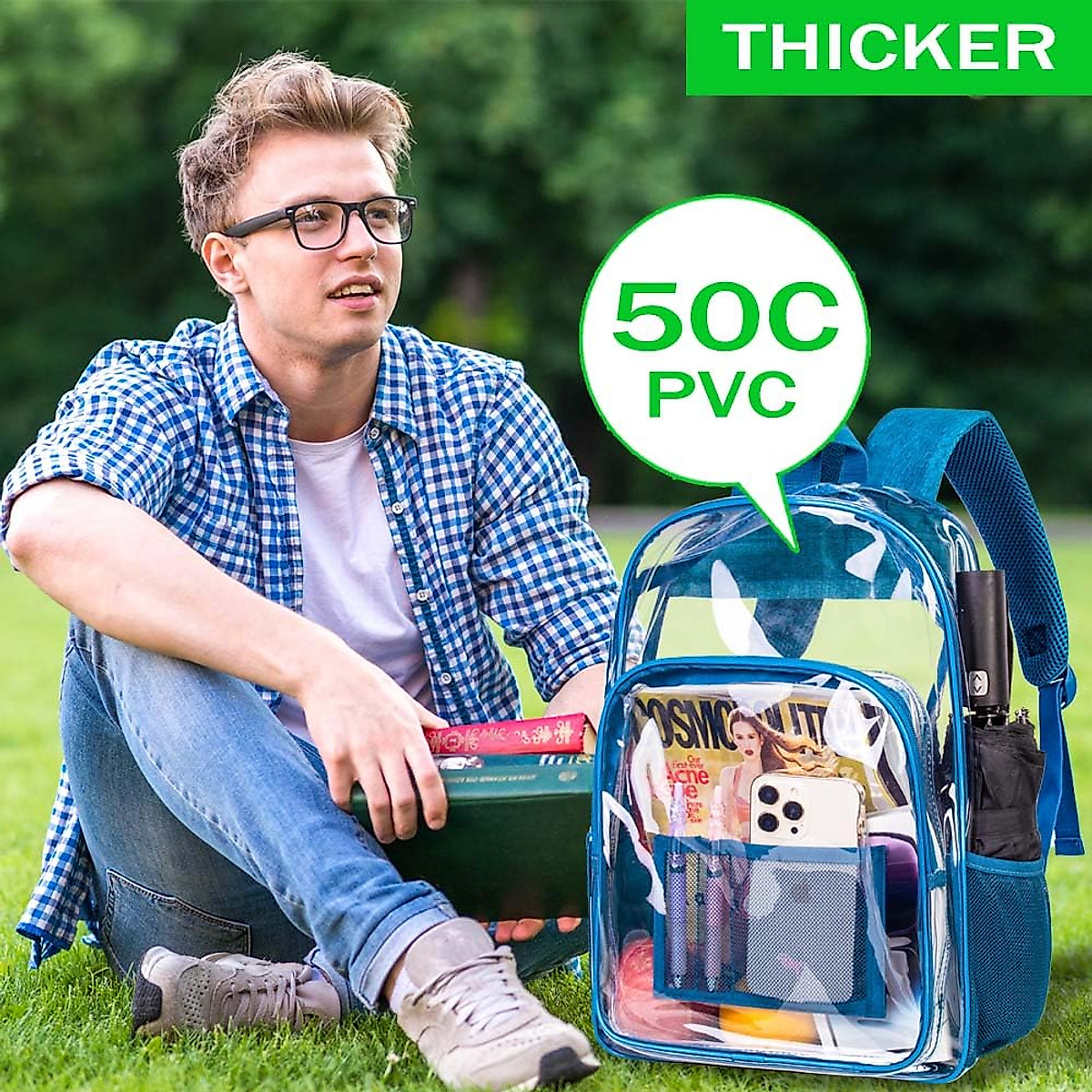 gxtvo Clear Backpack, Heavy Duty Transparent Bookbag, See Through Backpacks for Women Men- Navy