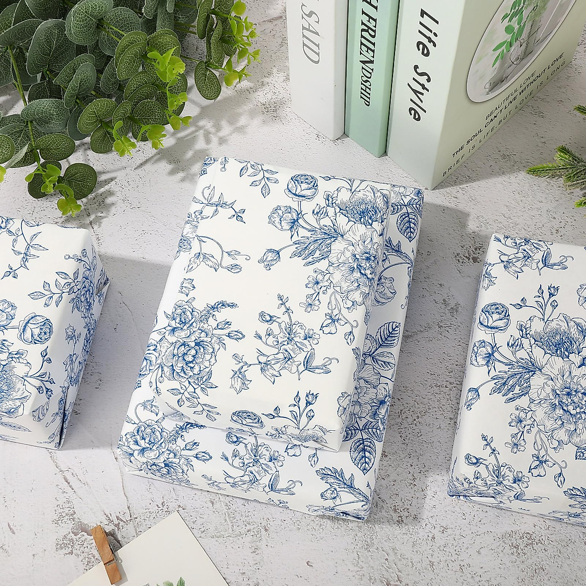 JarThenaAMCS Floral Wrapping Paper Mini Roll 17in x 32.8Ft Blue White Flowers Gift Wrap Paper Chinoiserie Paper for Birthday Wedding Baby Shower Holiday Party Wrapping Supplies