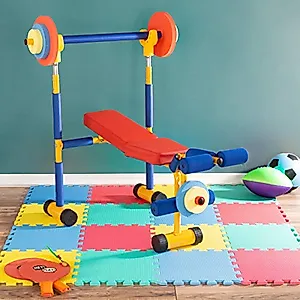 Hey! Play! Toy Bench and Leg Press – Children’s Play Workout Equipment for Beginner Exercise, Weightlifting, Powerlifting - for Boys and Girls, Brown (80-SH-04)