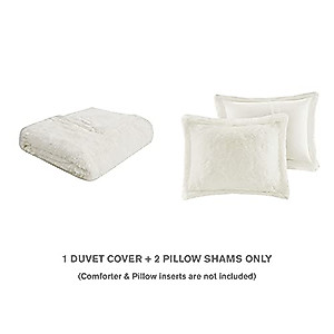 Intelligent Design Malea Shaggy Duvet with Quilted Box Design, Long Faux Fur Comforter Cover Cozy Bedding Set, Matching Shams, (Insert Not Included) Full/Queen, Ivory 3 Piece, 90x90