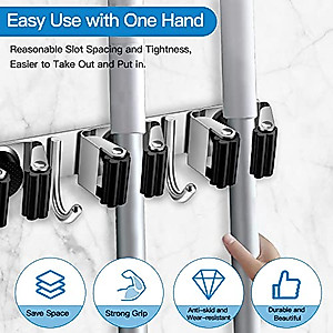 romise Broom Holder Wall Mount Mop and Broom Holder Wall Mount & Self Adhesive - Garage Storage Rack & Garden Tool Organizer for Home Laundry Pantry Kitchen Organization (5 Positions with 4 Hooks)