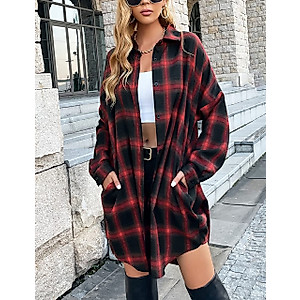 HangNiFang Long Flannel Shirts for Women Button Down Plaid Shirts Dresses Pocketed(0652-Red-XXL)