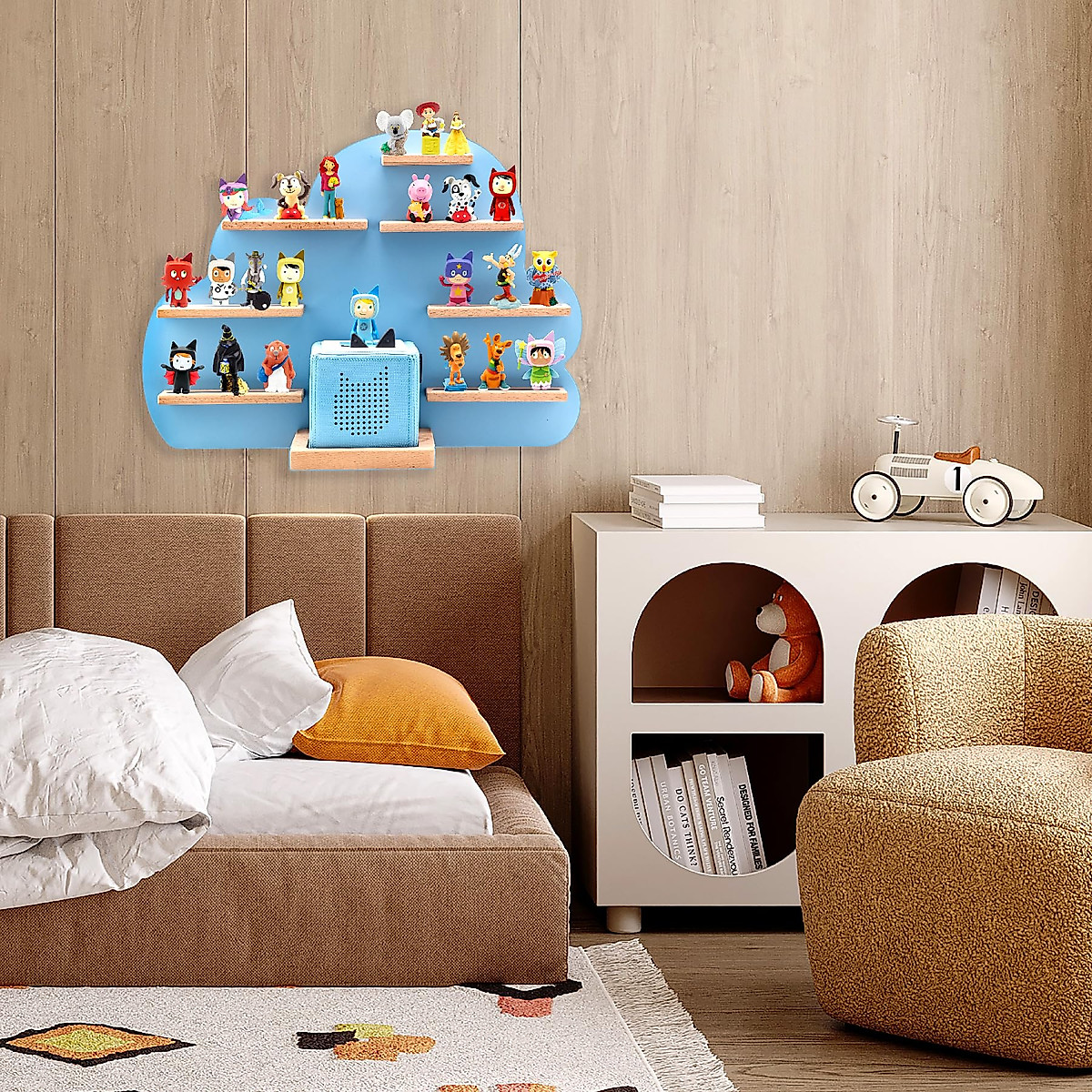 Tnvodejo Children's Shelf Compatible with Toniebox and Compatible with Tonies for Over 30 Figures - Wall Shelf for Music Box - for Playing and Collecting - for Children Baby Room (Blue)