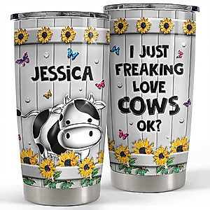 SANDJEST Personalized Cow Tumbler Sunflower Girl Loves Cows 20oz 30oz Tumblers with Lid Gift for Women Girl Daughter Sister Animal Lovers Christmas Birthday