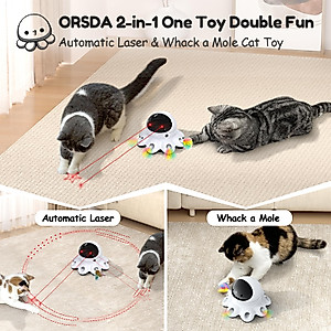 ORSDA Cat Laser Toy, 2-in-1 Interactive Cat Toys for Indoor Cats, Automatic Laser Pointer Cat Toy, 8 Holes Mice Whack A Mole Moving Feather, USB Rechargeable Electronic Kitten Toys for All Breeds