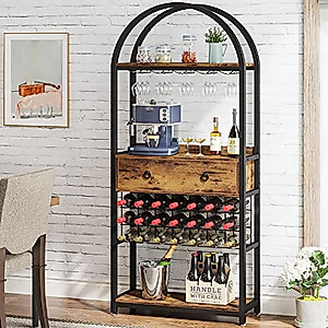 Tribesigns Wine Rack Cabinet Tall Freestanding Floor Liquor Cabinet with Glasses Holder and 1 Drawer, Industrial 21-Bottle Metal and Wood Wine Rack Table for Home Bar, Kitchen, Dining, Rustic Brown
