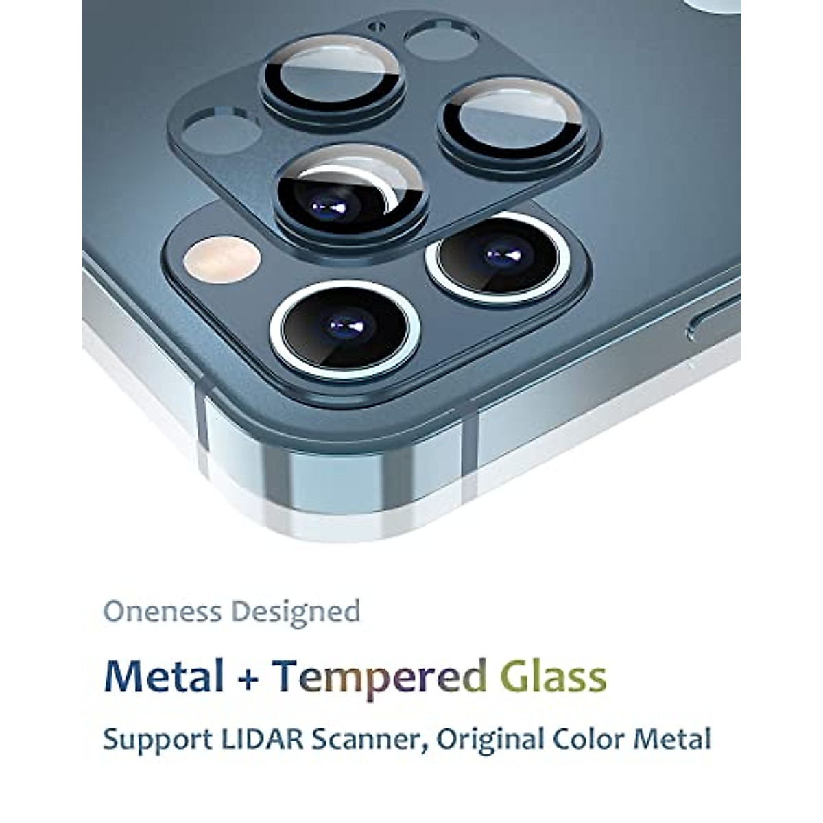 [2 Pack] Tamoria iPhone 12 Pro Max Camera Lens Protector Metal Plus Tempered Glass Camera Cover Oneness Design, Support LIDAR Scanner, Explosion-Proof iPhone 12 Pro Max 6.7 Inch Accessories Blue
