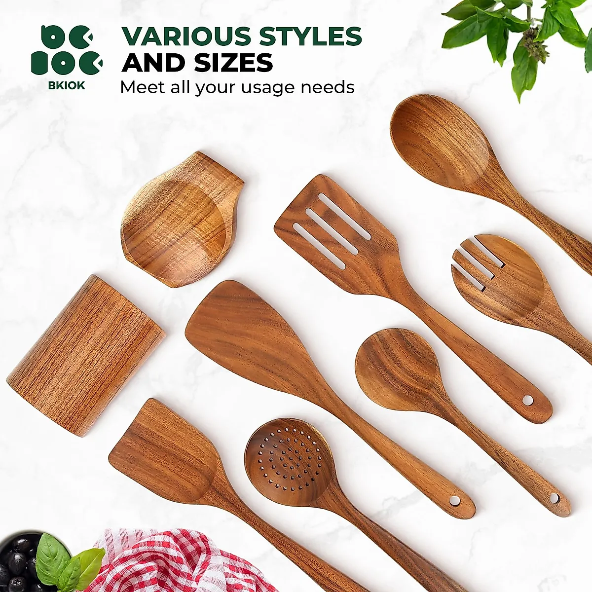 Bkiok Wooden Spoons for Cooking, Teak Wooden Utensil Set, Handmade Cooking Utensil Set with Spoon Rest and Utensils Holder (9Pcs)
