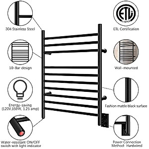 HEATGENE Towel Warmer Wall-Mounted Hardwired Heated Towel Rack Matte Black