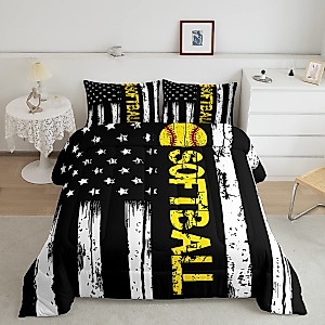 USA Flag Comforter Set Baseball Softball Bedding Set Full,White Black Striped Stars Quilted Duvet Sports Ball Game Down Comforter Retro Style for Kids Boys Teens Men Bedroom Décor with 2 Pillow Cases