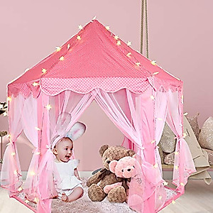 Princess Tent with Rug & Led Star Lights,Princess Castle Play Tent for Girls Kids or Toddlers, Kids Large Playhouse for Indoor and Outdoor Games,Birthday for 3/4/5/6/7/8/9 Year Old