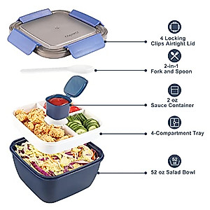 Caperci Salad Container for Lunch To Go - 2-Pack 52 oz Salad Bowls Bento Lunch Box Container with 4-Compartment Tray, 2-oz Sauce Container, Reusable Spork & BPA-Free (Navy & Navy)