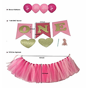1st Birthday Girl Baby Tutu for High Chair Decoration and "ONE" Pennant Happy Birthday for Highchair