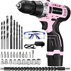GardenJoy Cordless Power Drill Set: 12V Electric Drill with Battery and Charger, 2 Variable Speed, 24+1 Torque Setting, 3/8-Inch Keyless Chuck, Portable Drill and 30pcs Drill/Driver Bits