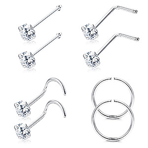 Sllaiss 22G 925 Sterling Silver Nose Rings Studs L Shaped CZ Nose Rings Hoop for Women Men Corkscrew Nose Rings Helix Piercing Jewelry Set Cartilage Earrings Hoop Tragus 8Pcs (3)