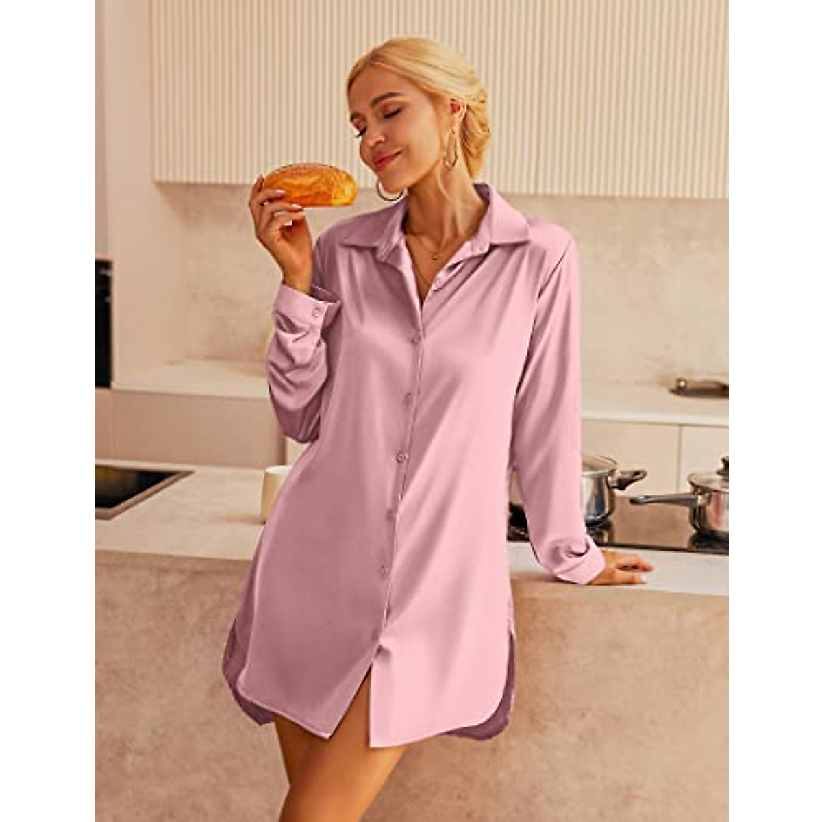 Ekouaer Nightwear for Women Sexy Satin Sleepshirt Long Sleeve Classic Sleepdress Dark Pink XLarge