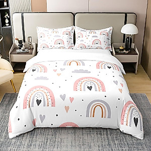 Twin Size Duvet Cover Rainbow 100% Pure Cotton Bedding Set Bohemian Style Bedding Set Grey Clouds Hearts Comforter Cover for Room Decor 2 PCS